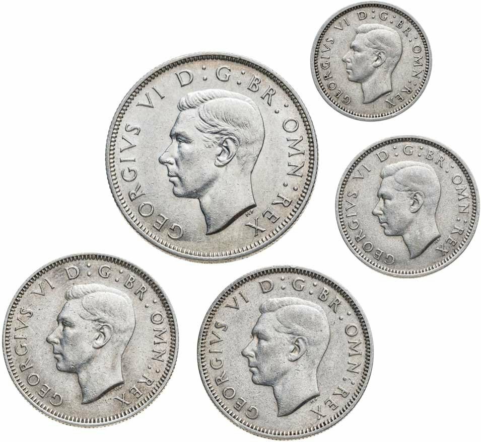 Великобритания набор серебряных монет 1937-1946 5 штук Георг VI, Серебро 500, в сохранности VF-XF