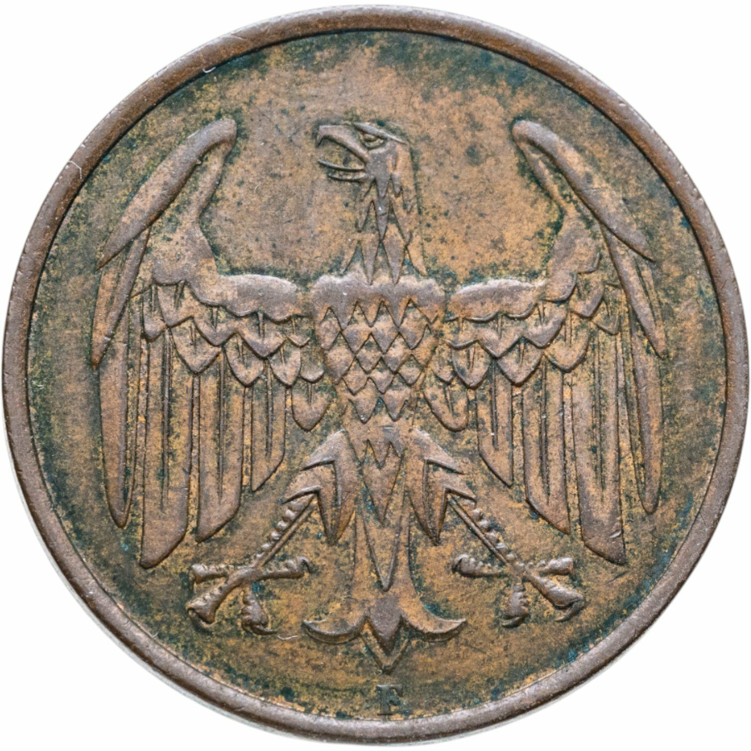 Германия 4 рейхспфеннига reichspfennig 1932, знак монетного двора "F" — Штутгарт, Бронза, в сохранности VF-XF