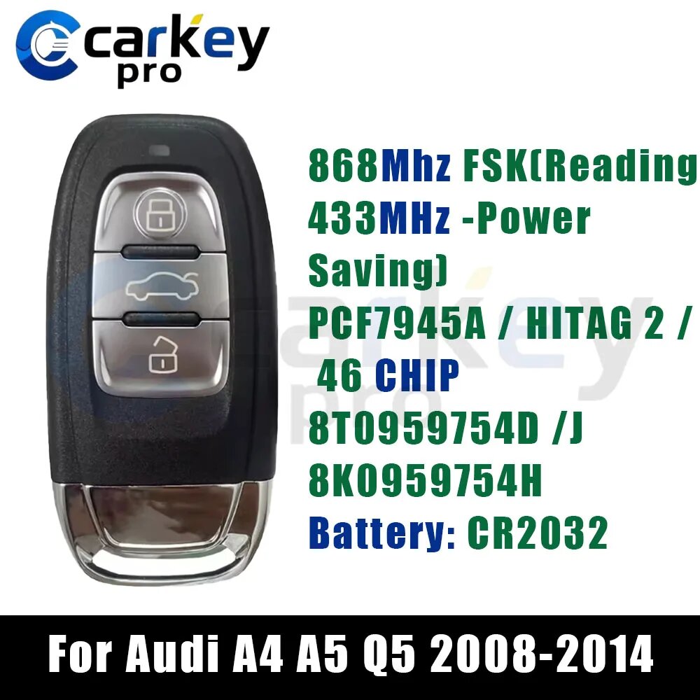 Carkeypro 3-кнопочный дистанционный ключ 315/433,92/868,35 МГц 8T0959754C для Audi A4 A5 Q5 2008-2014 868.35Mhz FSK