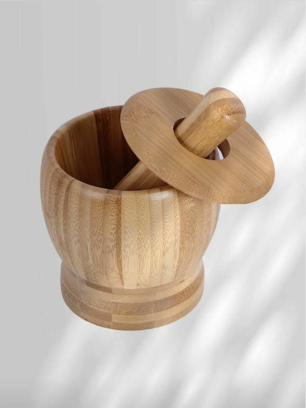 Набор ступка и пестик из бамбука с крышкой, - L