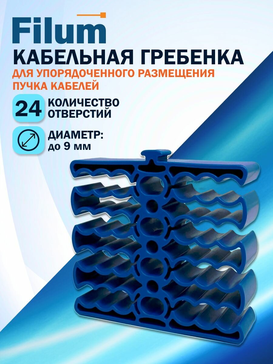 Кабельная гребенка Filum FL-CM-20-BL для упорядоченного размещения кабелей, 8,7х8,7 см, 24 отв, диам. отв. 9 мм, синий