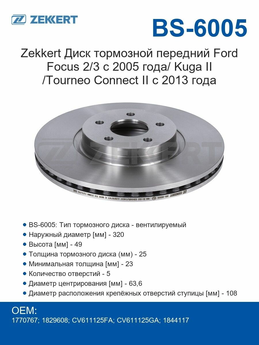Zekkert Диск тормозной передний Ford Focus 2/3 с 2005 года/ Kuga II /Tourneo Connect II с 2013 года