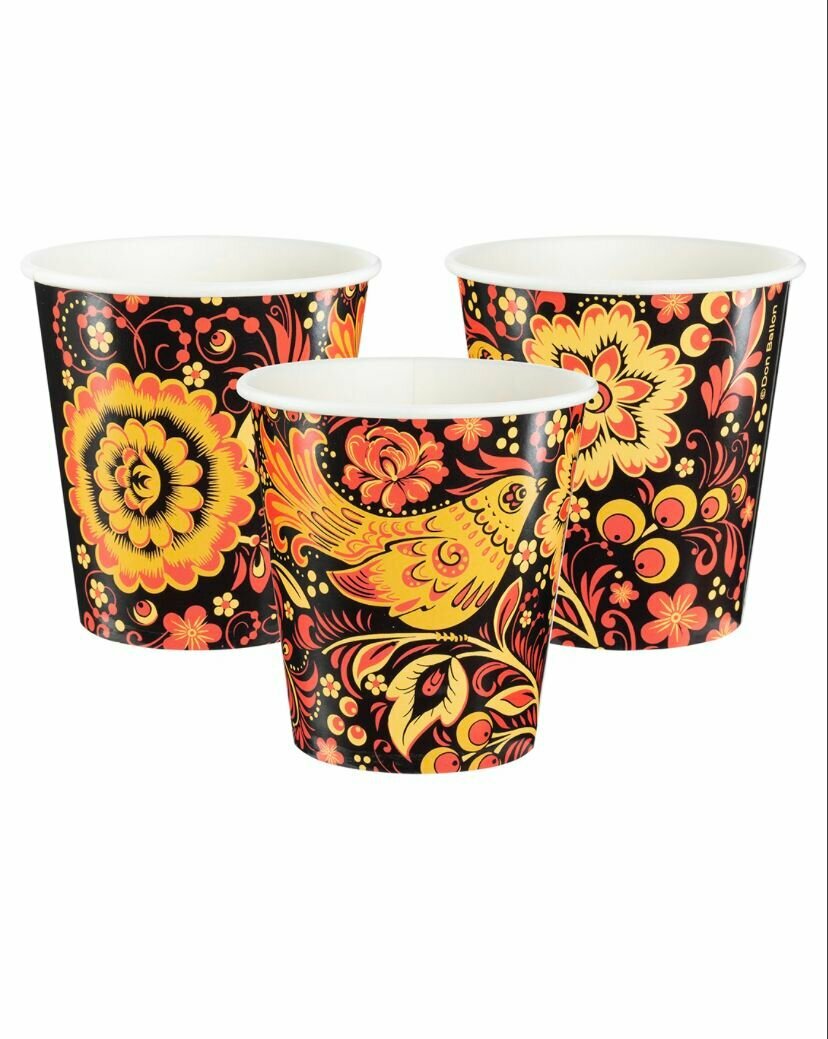 Стаканы одноразовые (250 мл) Хохлома, русские на масленицу 6 шт.