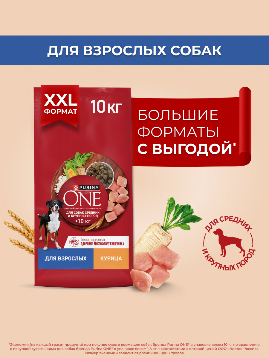 Сухой корм PURINA ONE® для взрослых собак средних и крупных пород с курицей и рисом, 10 кг