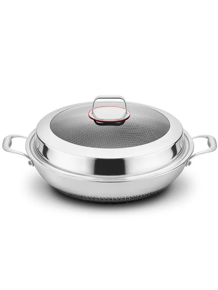 Вок из нержавеющей стали CX-B04, 40 см, с крышкой, с фиксированной ручкой