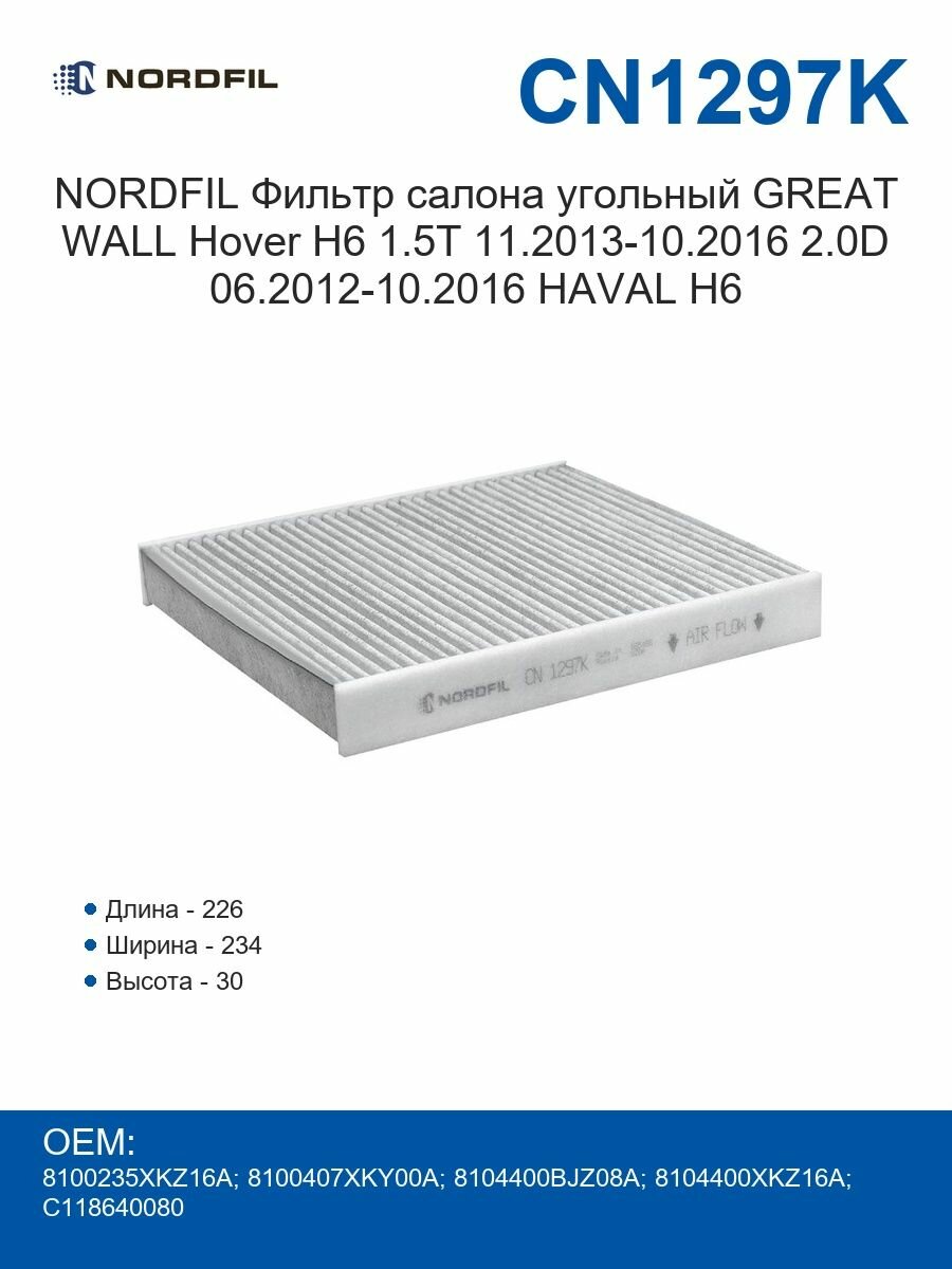 NORDFIL Фильтр салона угольный GREAT WALL Hover H6 1.5T 11.2013-10.2016 2.0D 06.2012-10.2016 HAVAL H6