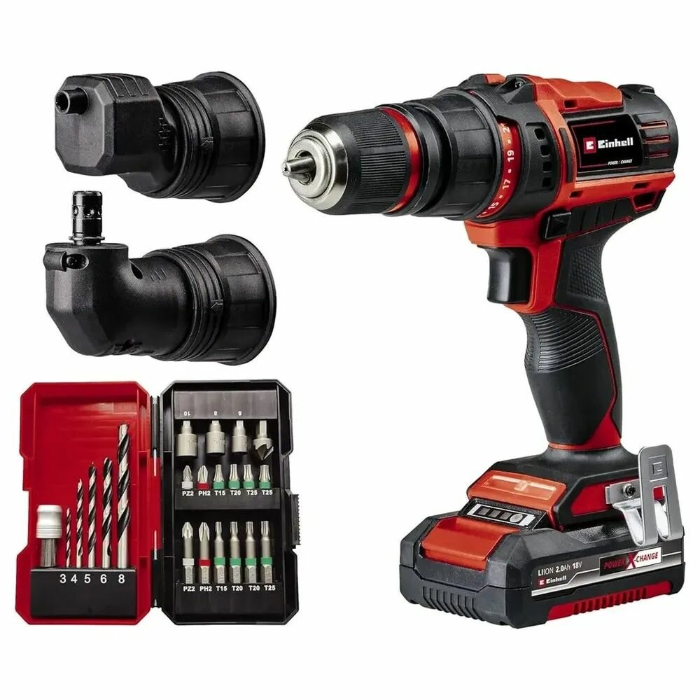Дрель аккумуляторная Einhell PXC TE-CD 18/45 Li, 18В, 45Нм, Quick-патрон, 2 насадки, 1x2,0Ач, набор оснастки 22пр, кейс E-Bo 4513990