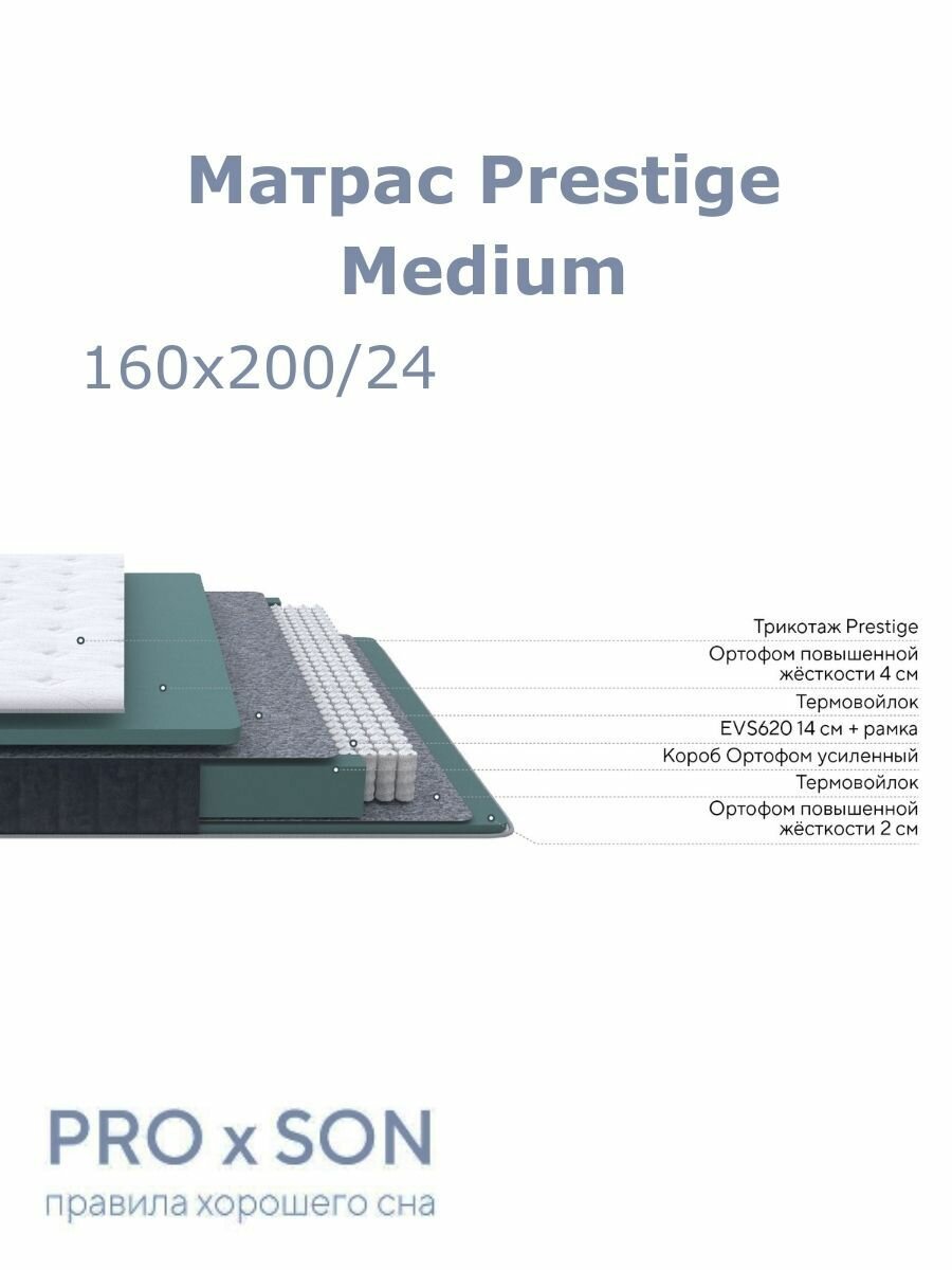 Матрас PROSON PRESTIGE MEDIUM 160х200 см с средней степенью жесткости, Независимые пружины
