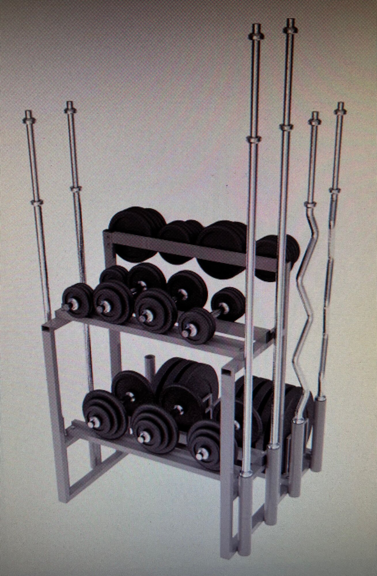 Стойка для "железа": гантелей до 20 шт, грифов до 8, дисков до 30; металл, серый цвет, разборная