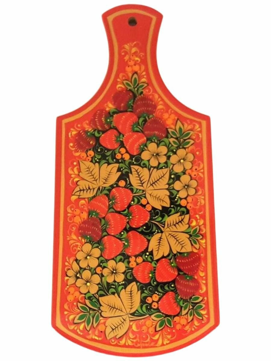 Панно декоративное, Доска разделочная 32х15х1,8 см. - Клубничка, Хохломская роспись (Хохлома), ручная авторская работа