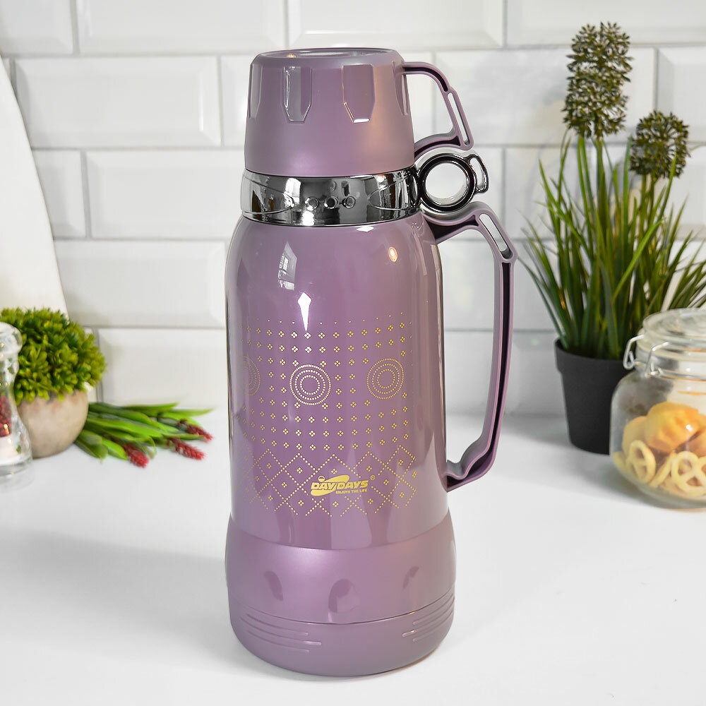 Термос 1,8л со стеклянной колбой, фиолетовый корпус, с ручкой и крышкой-чашкой DAYDAYS