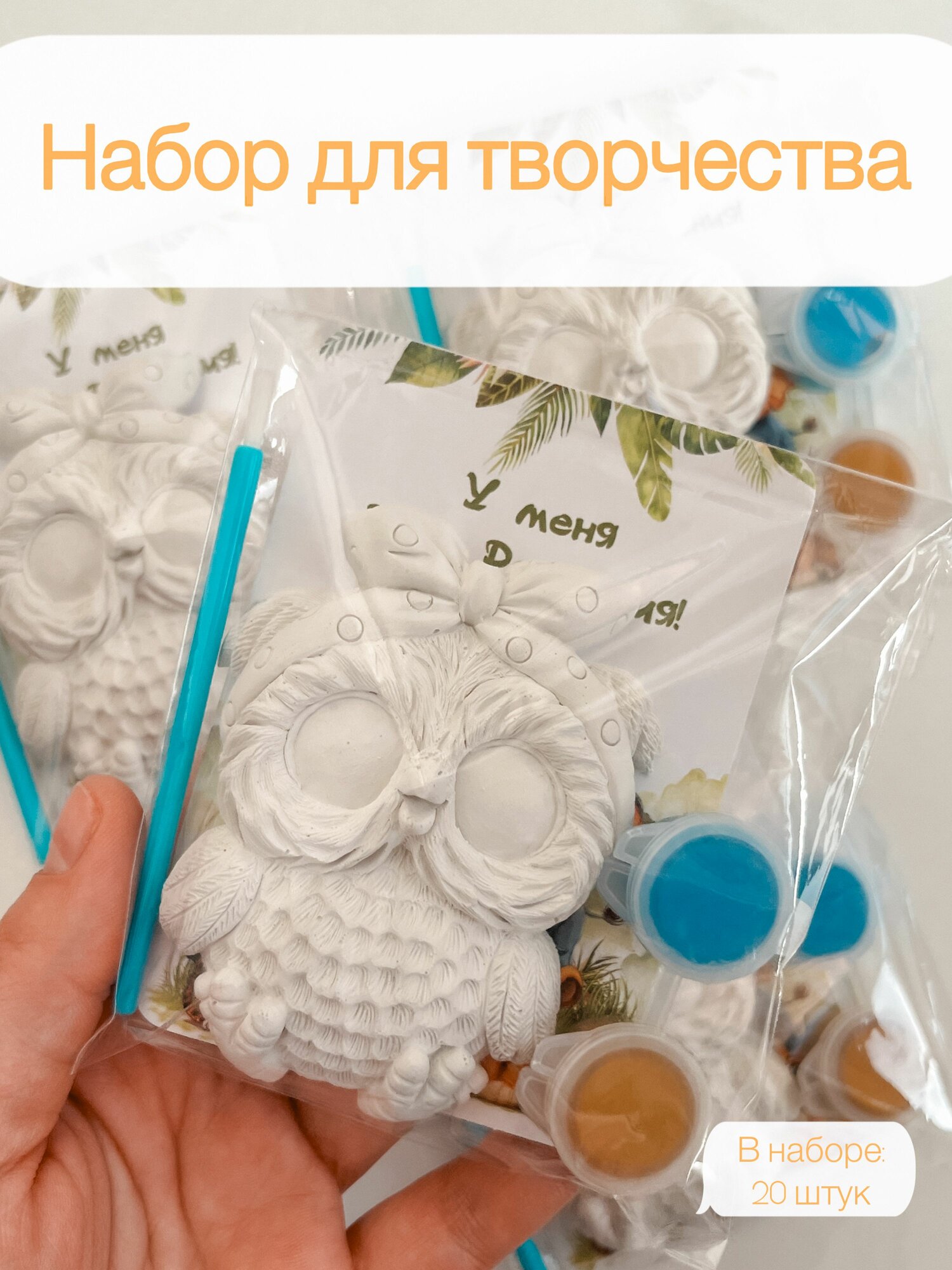 Подарки в детский сад и школу: набор для творчества Раскрась гипсовую фигурку. 20 шт "Совушка Сима"