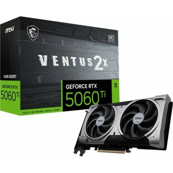 Видеокарта MSI RTX 5060 TI 16G VENTUS 2X PLUS, NVIDIA RTX 5060 Ti, 16 ГБ GDDR7, 128 бит, PCI-e 5.0, 1xHDMI, 3xDP, 2602 МГц