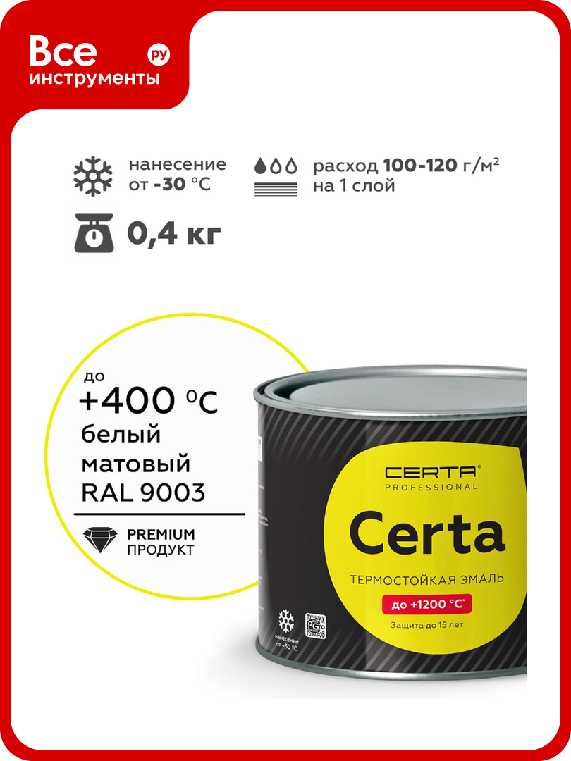 Термостойкая краска для металла, печей, мангалов, радиаторов, дымоходов, суппортов CERTA до 400 С белый
