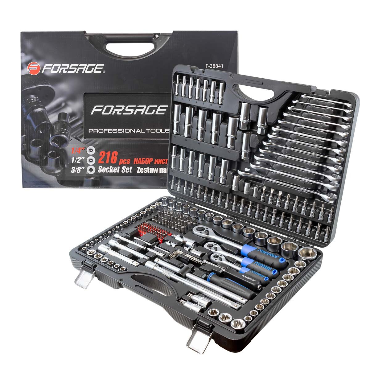 Forsage Набор инструментов 216 предметов 1/4", 3/8", 1/2" 6гр. F-38841/Premium/(16625)