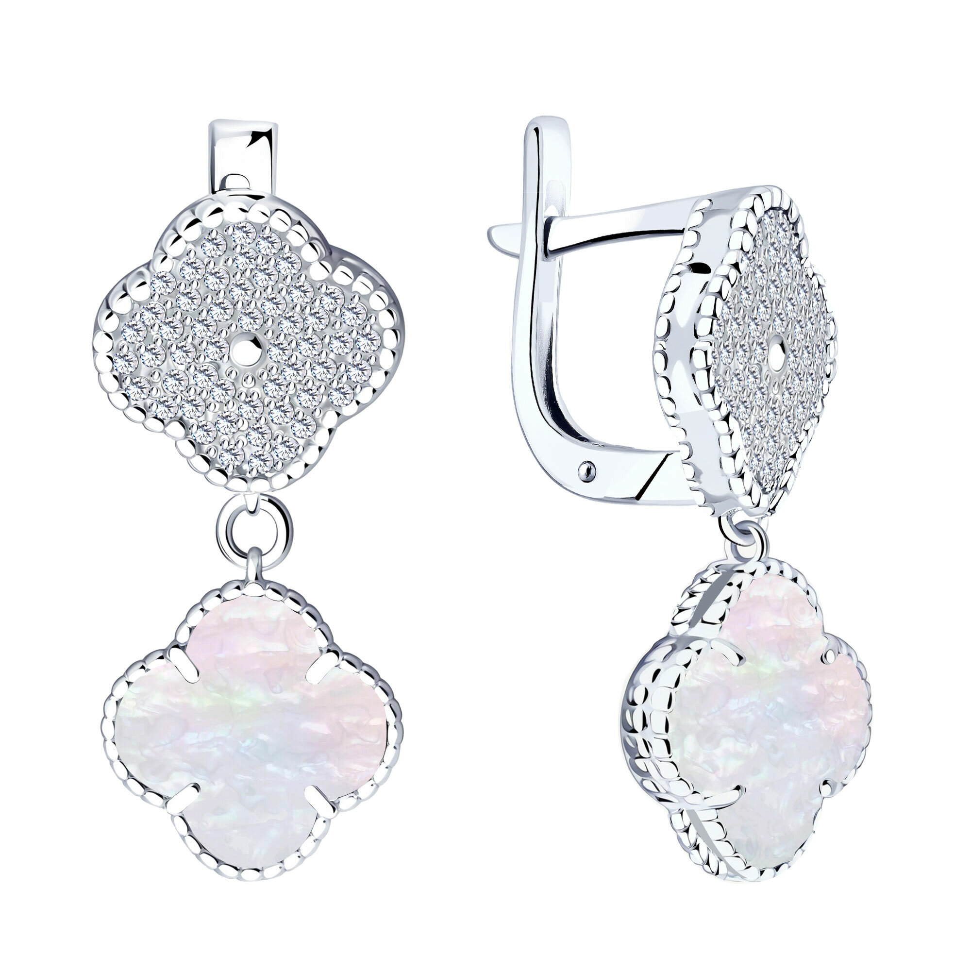 Серьги, серебро, 925 проба, родирование, перламутр, фианит