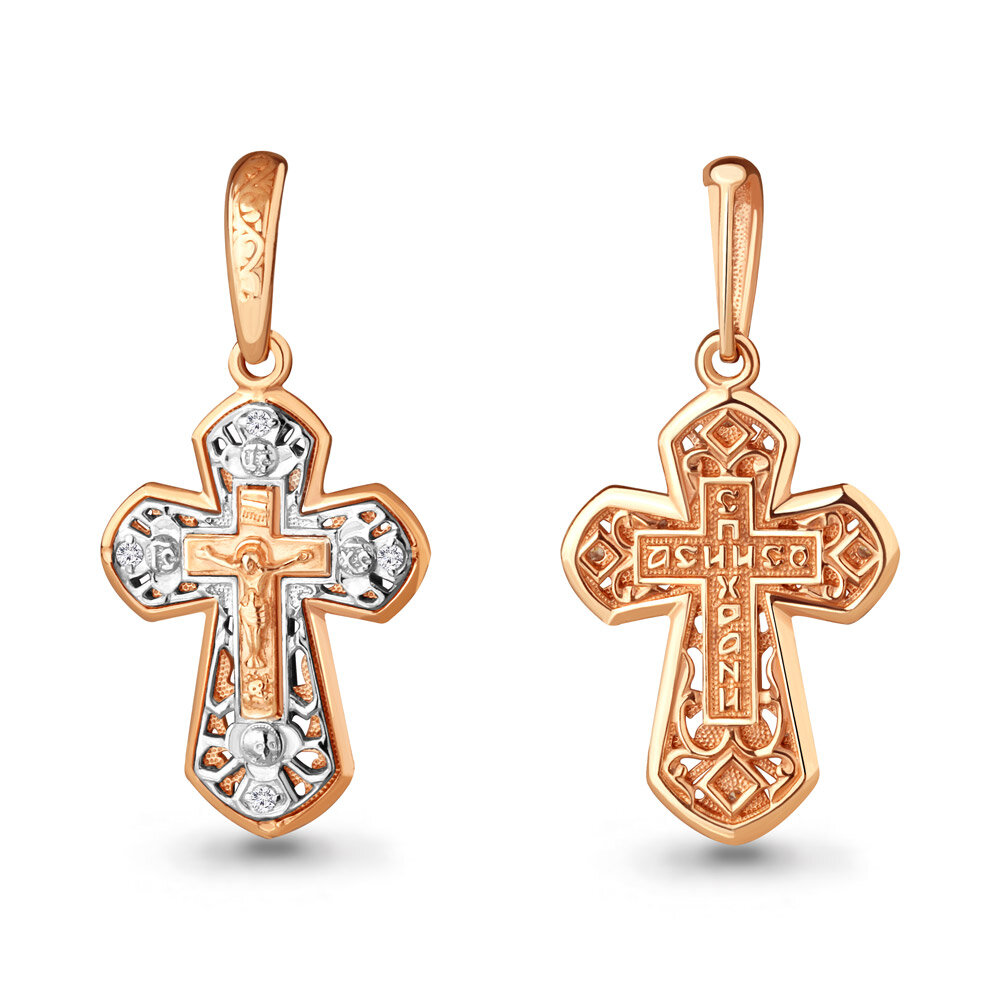 Крестик, серебро, 925 проба, родирование, золочение, бриллиант