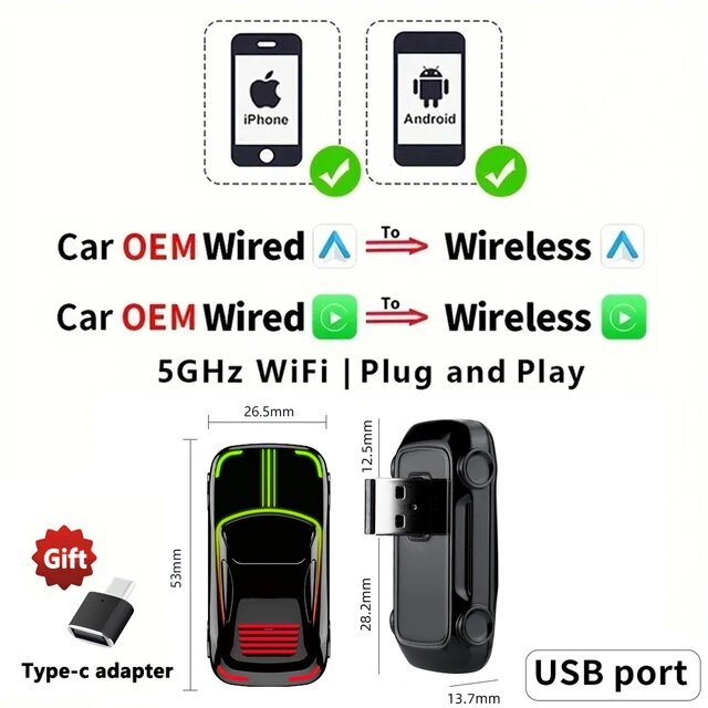 Беспроводной адаптер EKY 2-в-1 CarPlay, беспроводная автомобильная система Android с искусственным интеллектом, подходит для автомобилей с проводным CarPlay.