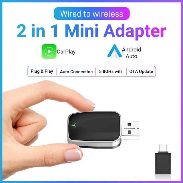 Acodo Wired to Wireless CarPlay 2-в-1 Android Car Mini Adapter, поддерживает автоматическое подключение к Wi-Fi 5,8 ГГц, обновления OTA, подключение и использование без дополнительных настроек, универсальный дизайн.