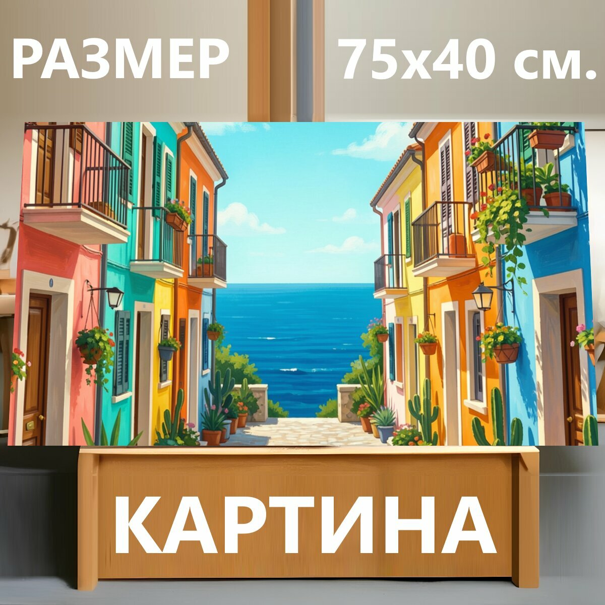 Картина на холсте "Яркая средиземноморская улочка у моря. Солнечный прибрежный переулок с цветными фасадами, ставнями, балкончиками и." на подрамнике 75х40 см. для интерьера