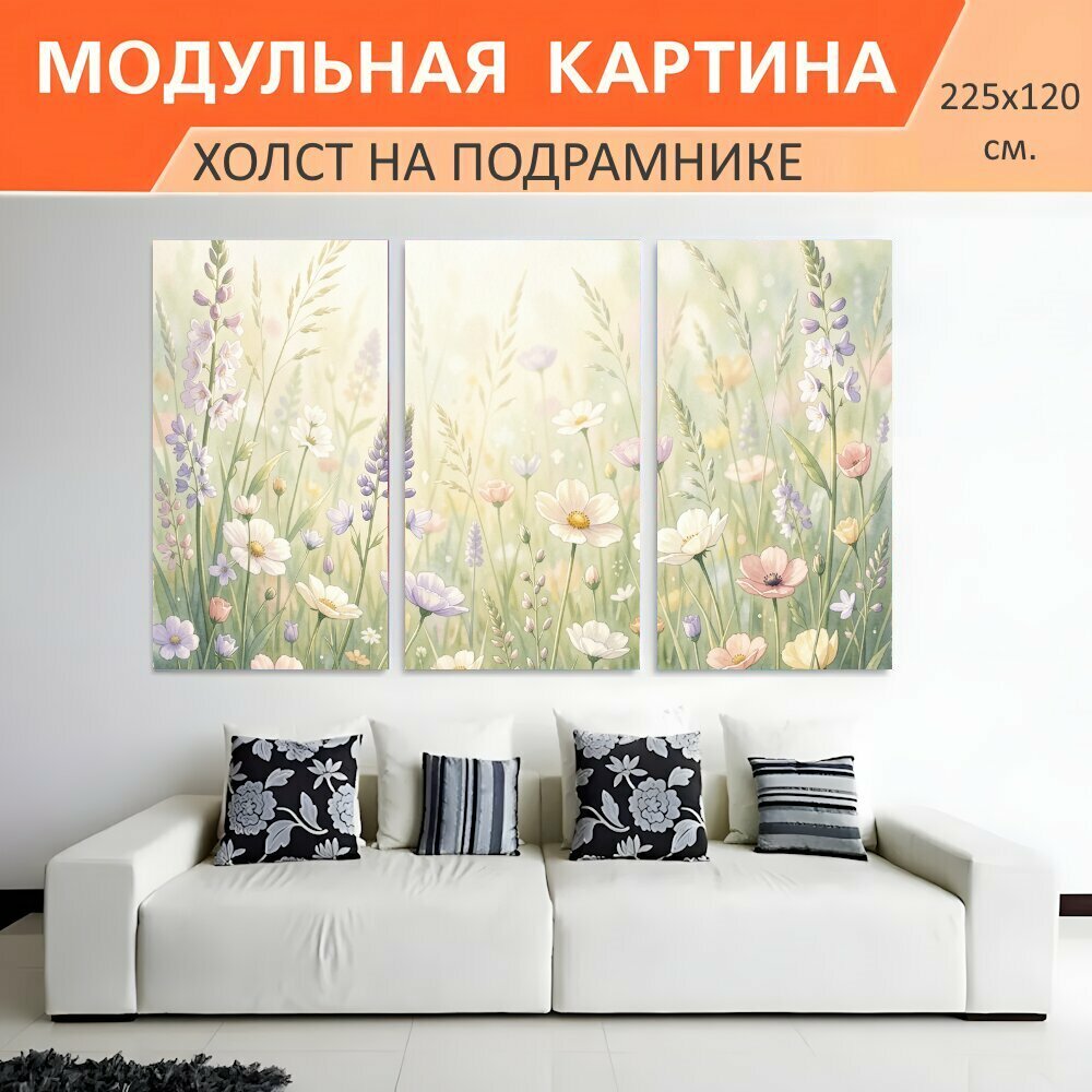 Модульная картина на холсте "Цветущий луг с полевыми цветами. Нежная акварельная летняя сцена: разнотравье, изящные колоски и мелкие." триптих на подрамнике 225х120 см. для интерьера