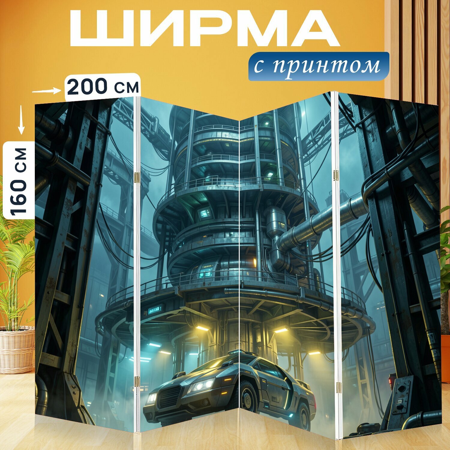 Ширма "Футуристический автомобиль в индустриальном ангаре. Мрачная киберпанк-сцена с бронированным." перегородка для зонирования комнаты с принтом 200x160 см. на холсте