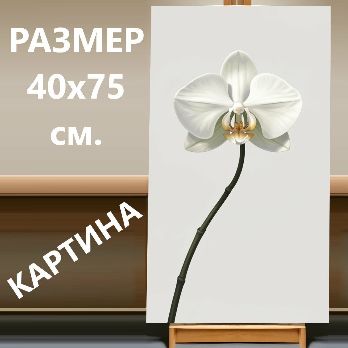 Картина на холсте "Белая орхидея на светлом фоне. Нежный минималистичный цветок с крупными белоснежными лепестками и тонким тёмным стеблем." на подрамнике 75х40 см. для интерьера