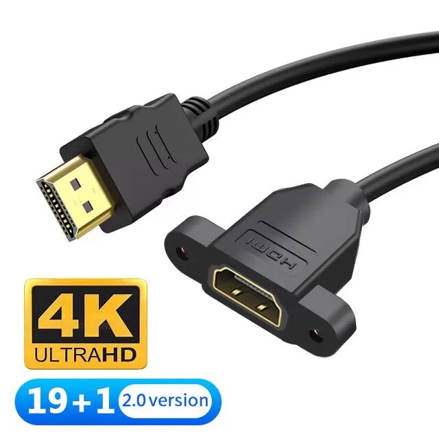 Кабель HDMI 2.0 мужской к женскому с крепежными ушами и винтами, длина 0.3 м для надежной установки