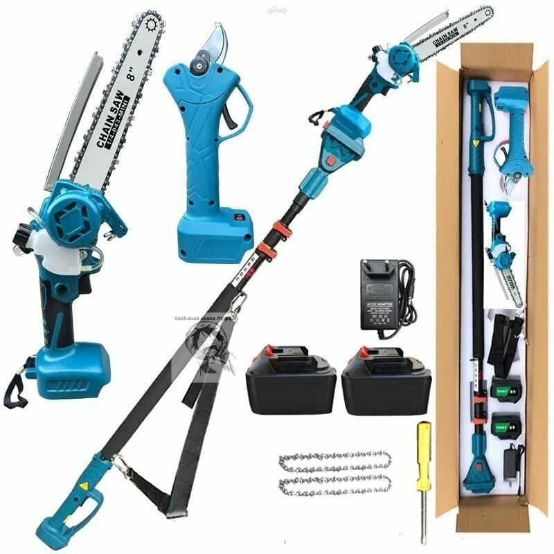 Инновационная бензопила на 8 дюймов с сучкорезом и телескопической штангой, комплектуется двумя аккумуляторами и эффективной масленкой