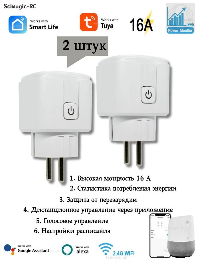 Комплект из двух премиум розеток Tuya на 16А с WiFi, где мониторинг энергопотребления, таймер и голосовое управление обеспечиваются для умного дома, совместимого с Alexa и Google Assistant