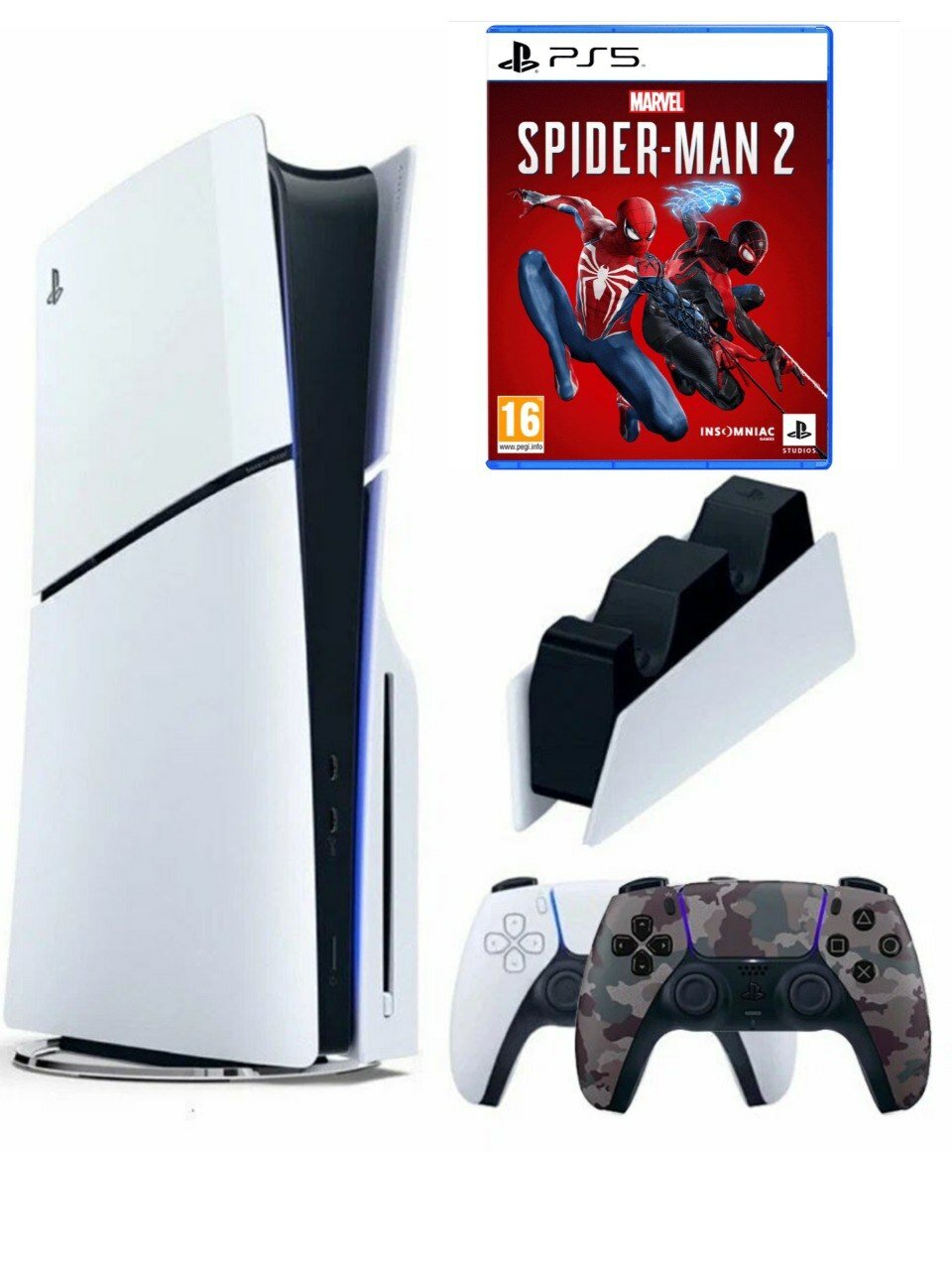 Игровая приставка Sony PlayStation 5 Slim, 1ТБ(с дисководом), 2й геймпад камуфляж + Зарядная станция + игра Spider-Man2