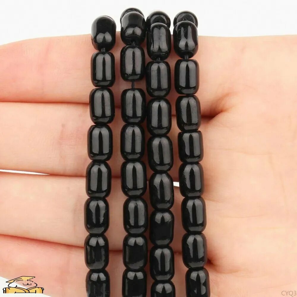 Турмалин чёрный (шерл) бочонки 6*10 мм, бусины на нитке (около 37 шт)