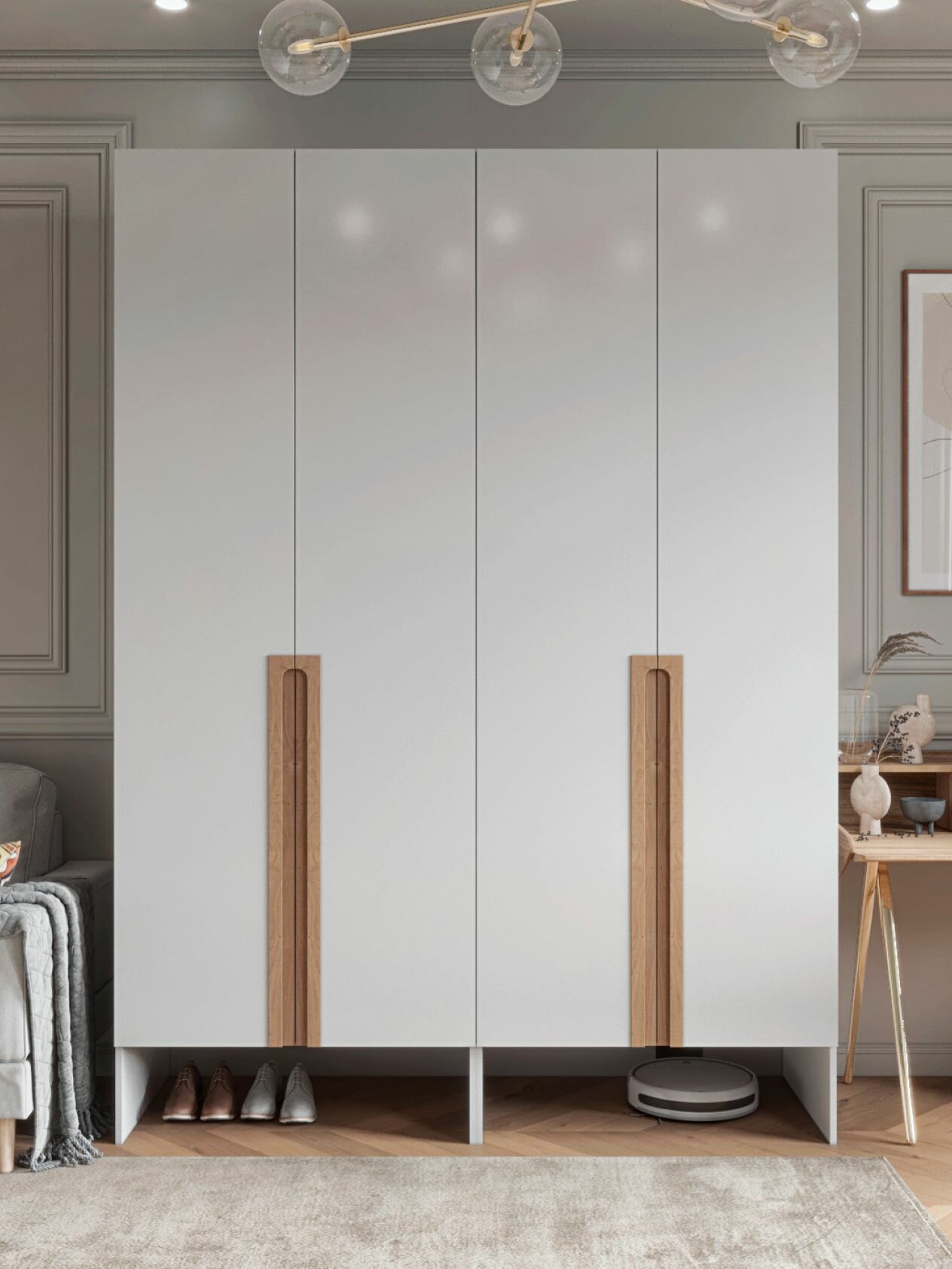 Casa Mia 200x65x260 см. Шкаф для одежды в прихожую распашной, 4-дверный , белый, эксклюзивная ручка из дуба