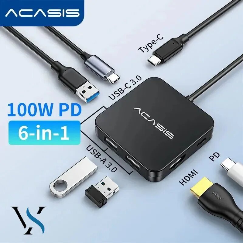 ACASIS USB-концентратор 6-in-1, USB Type-C, USB 3.0, HDMI, для Apple, черный матовый