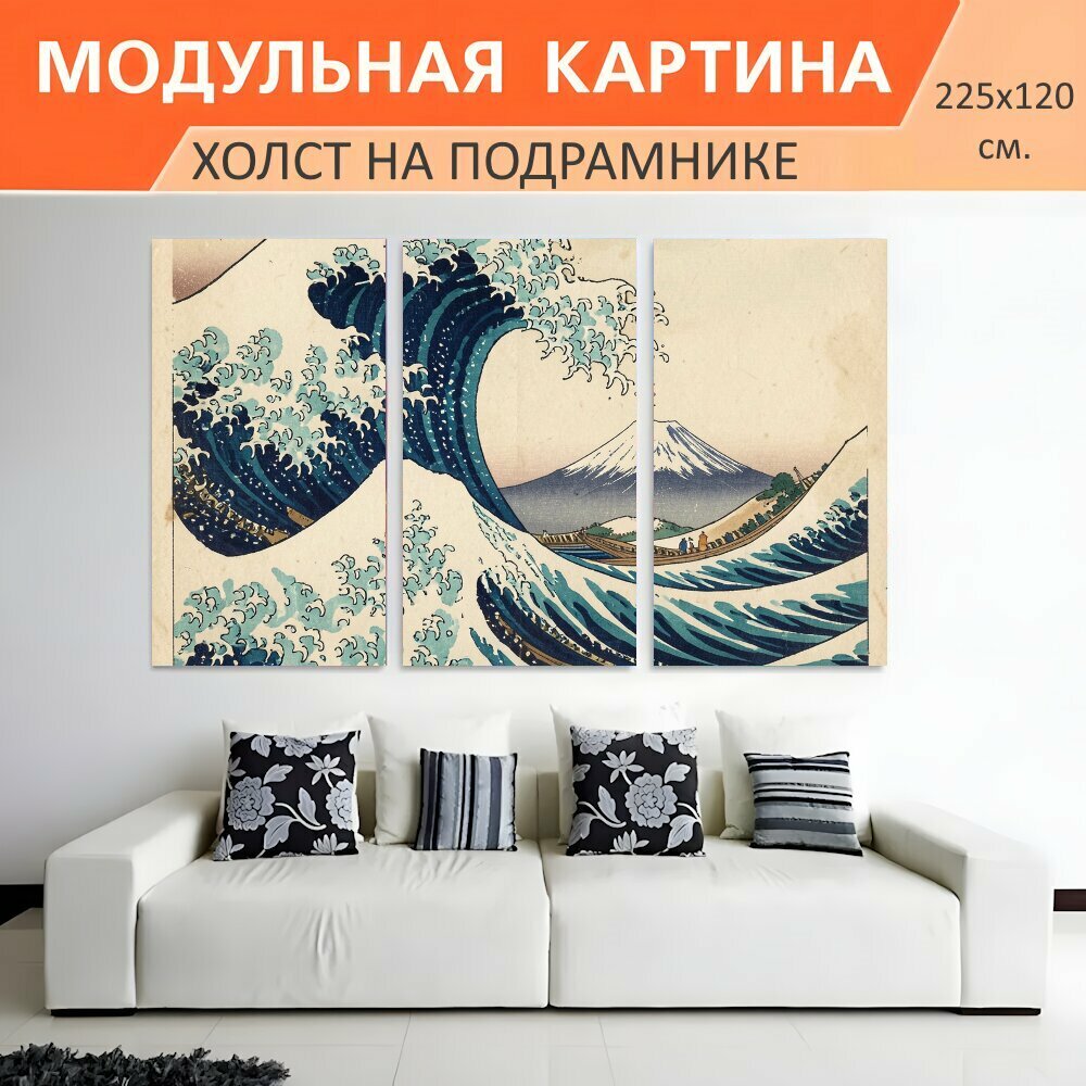 Модульная картина на холсте "Волна и гора Фудзи. Японская гравюра в стиле укиё-э: огромный морской вал, заснеженная вершина вдали." триптих на подрамнике 225х120 см. для интерьера