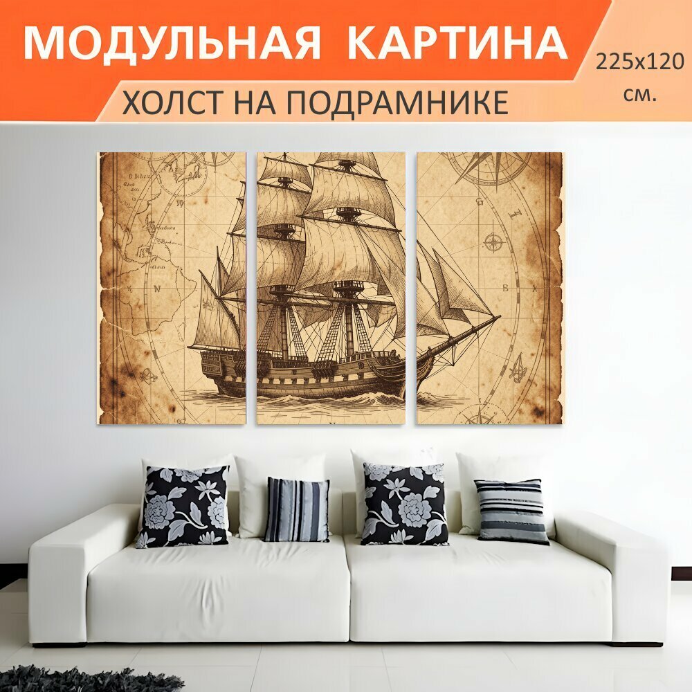 Модульная картина на холсте "Парусный корабль на старой карте. Старинная морская композиция в винтажной сепии: большой трехмачтовый." триптих на подрамнике 225х120 см. для интерьера