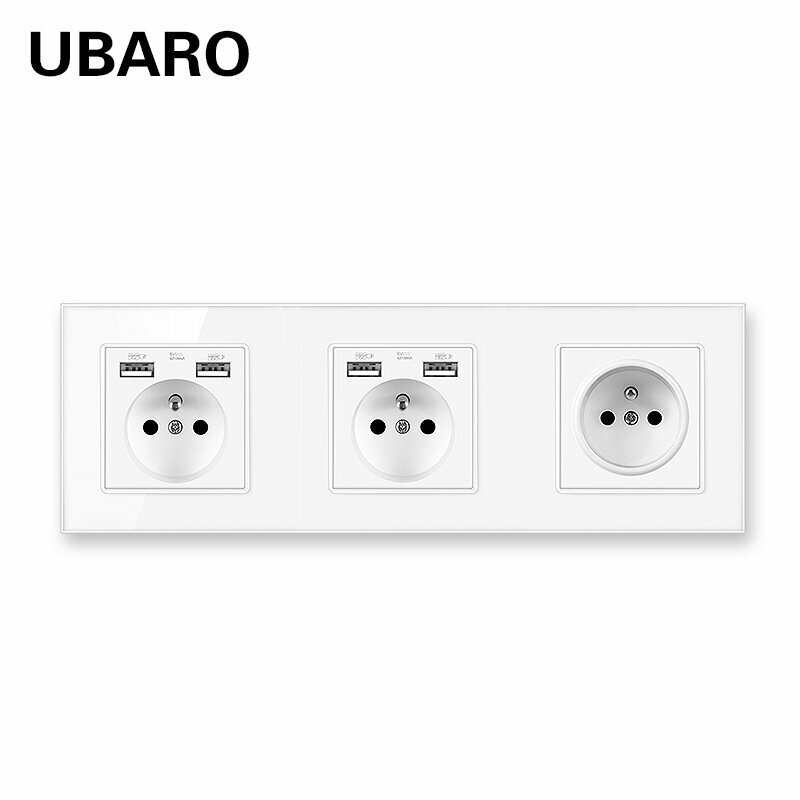 FR-258 Накладной розетка 16А встраиваемая с закаленным стеклом, белый, 2 USB, 1 розетка