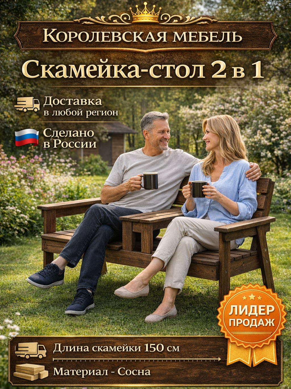 Лавка-стол трансформер 2 в 1 садовая 150 см из сосны, деревянная скамейка со столом для дачи и сада