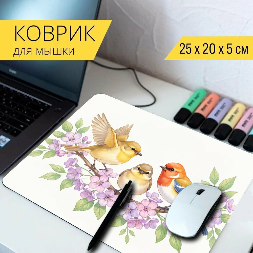 Коврик для мыши с принтом "Три певчих птицы на ветке. Нежная акварельная композиция с тремя лесными птичками среди розово-лиловых цветов и зелёных листьев. Светлые." 25x20см.