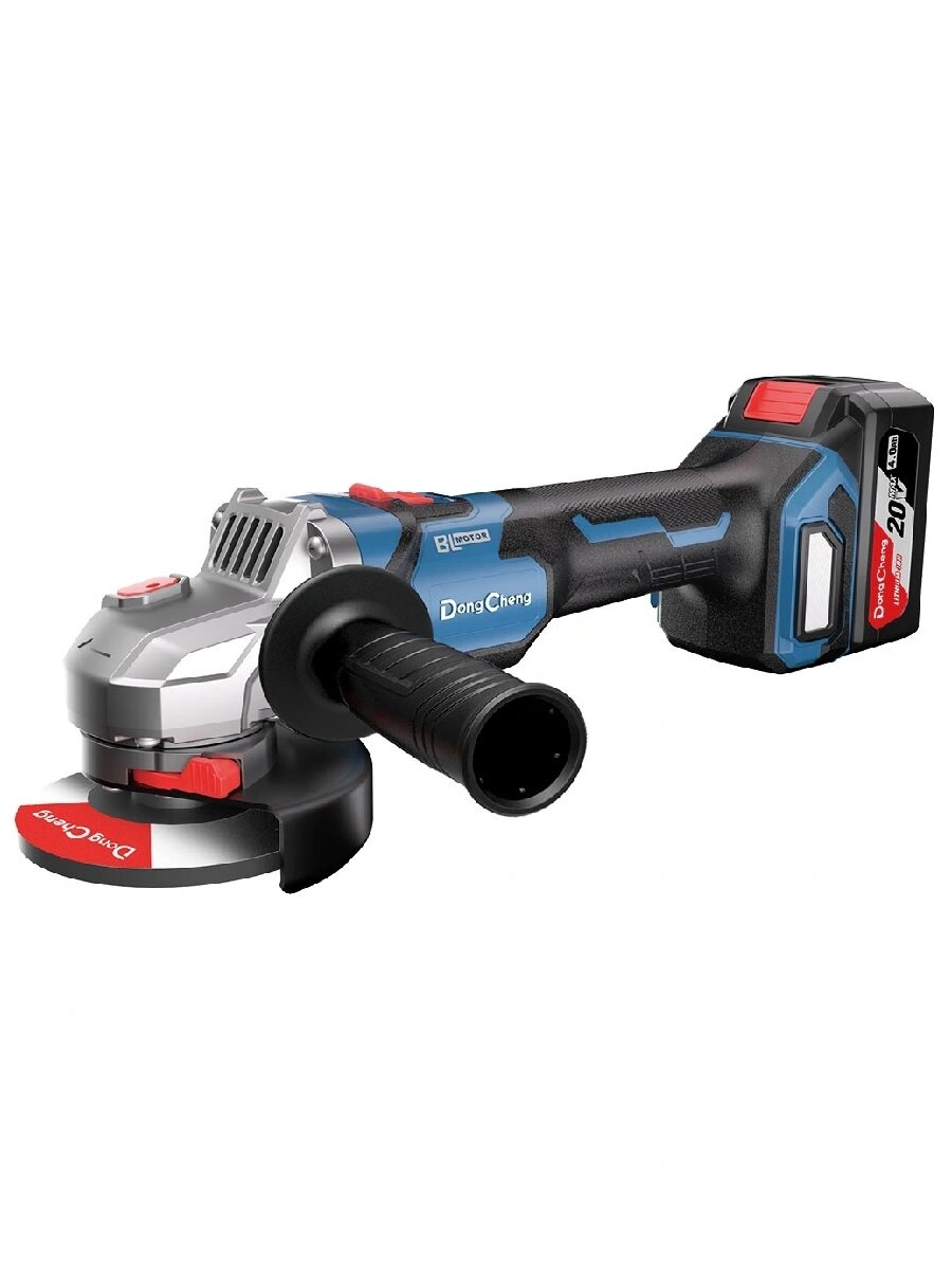 Угловая шлифмашина УШМ аккумуляторная DONGCHENG DCSM04-125, бесщеточная, проф, 125мм, 1000Вт, 2 АКБ Li-Ion 4 Ач, 20В.