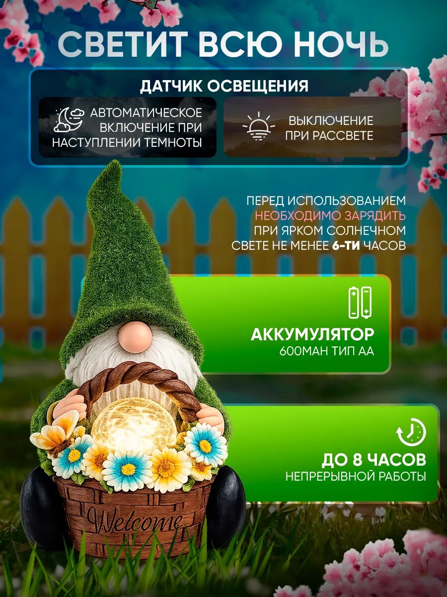 Фигурка садовая LIGHTINGTON "Гном со сферой", на солнечной батарее — фото 1