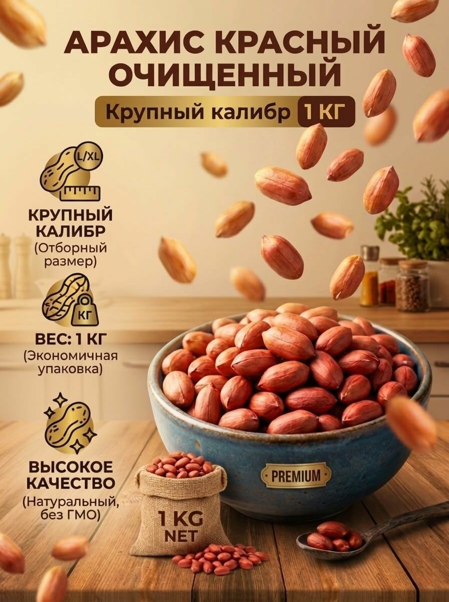 Арахис крупный красный очищенный без обжарки, без соли, 1 кг, 100% натуральный, Бразилия