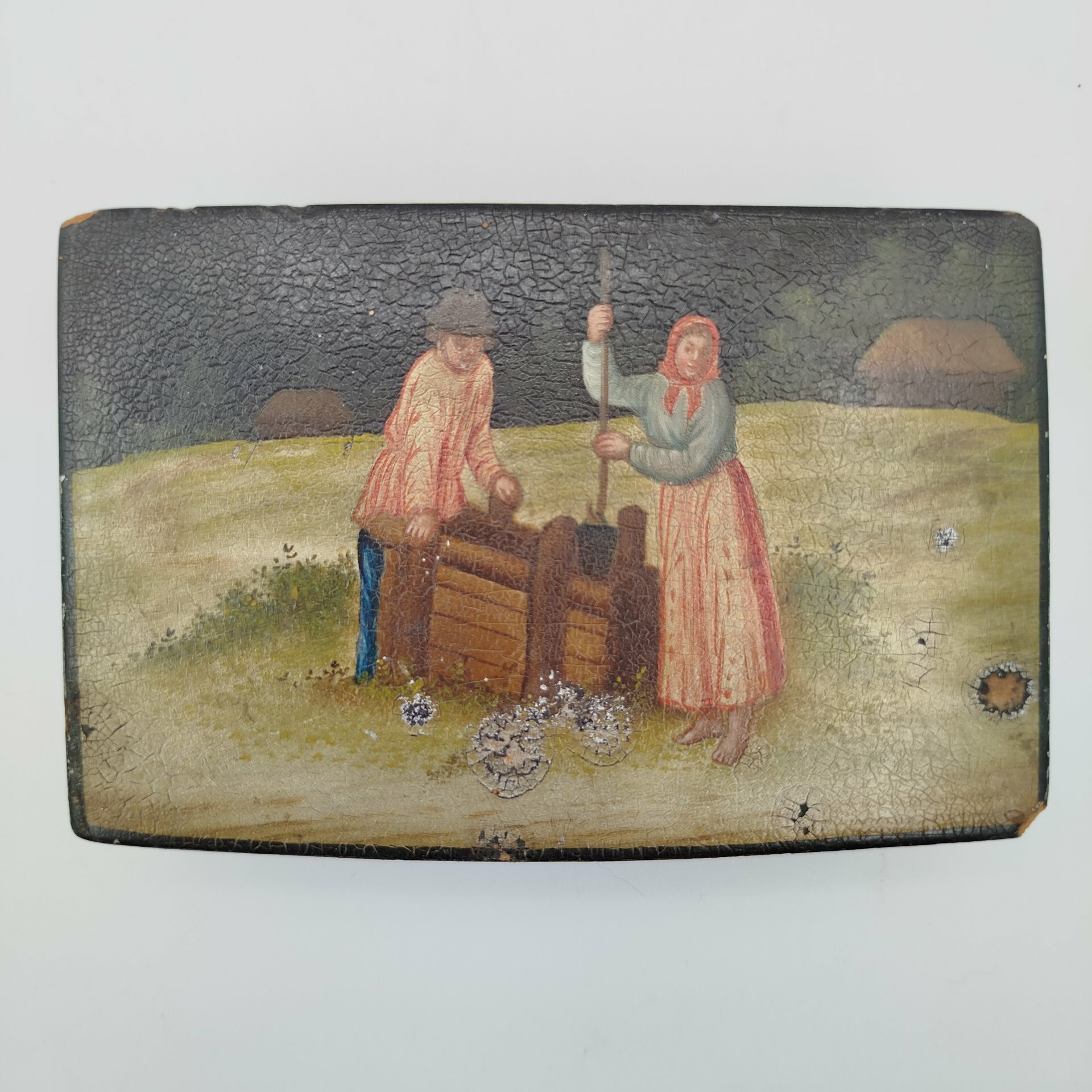 Шкатулка "У колодца", папье-маше, роспись, Россия, 1880-1917 гг.
