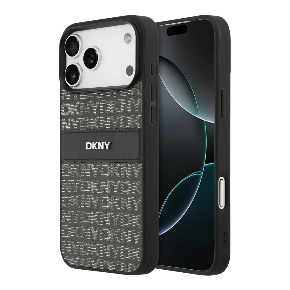 DKNY чехол для iPhone 17 Pro, PU кожа Repeat texture Tonal stripe Metal logo, черный