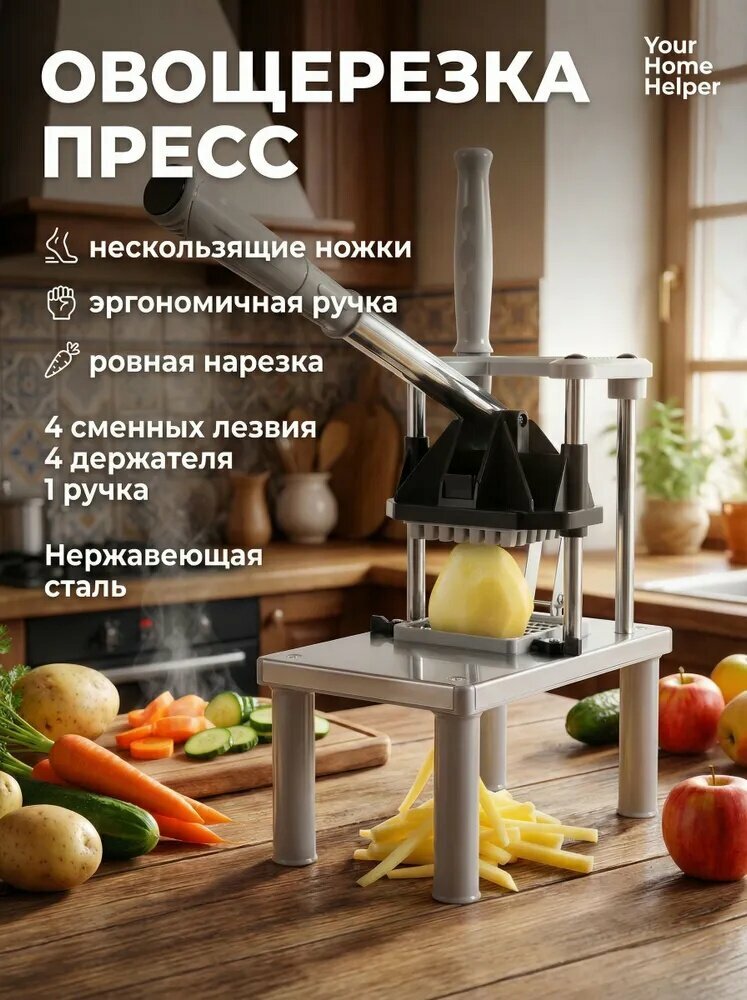 Овощерезка пресс для картофеля фри, 4 сменных лезвия из нержавеющей стали, механическая, вертикальная, для нарезки овощей и фруктов, кухонный комбайн ручной