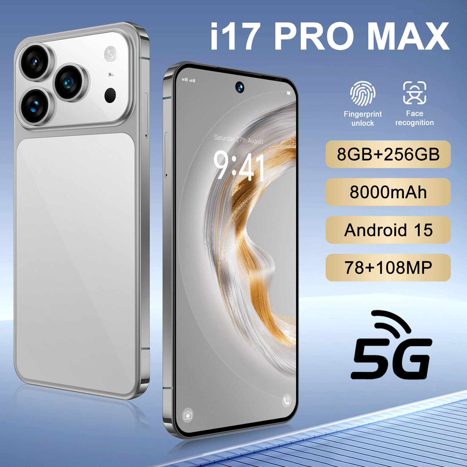 Смартфон i17 pro max Android14, 8/256ГБ, экран 6.6″, 2SIM 5G Global светло-серый