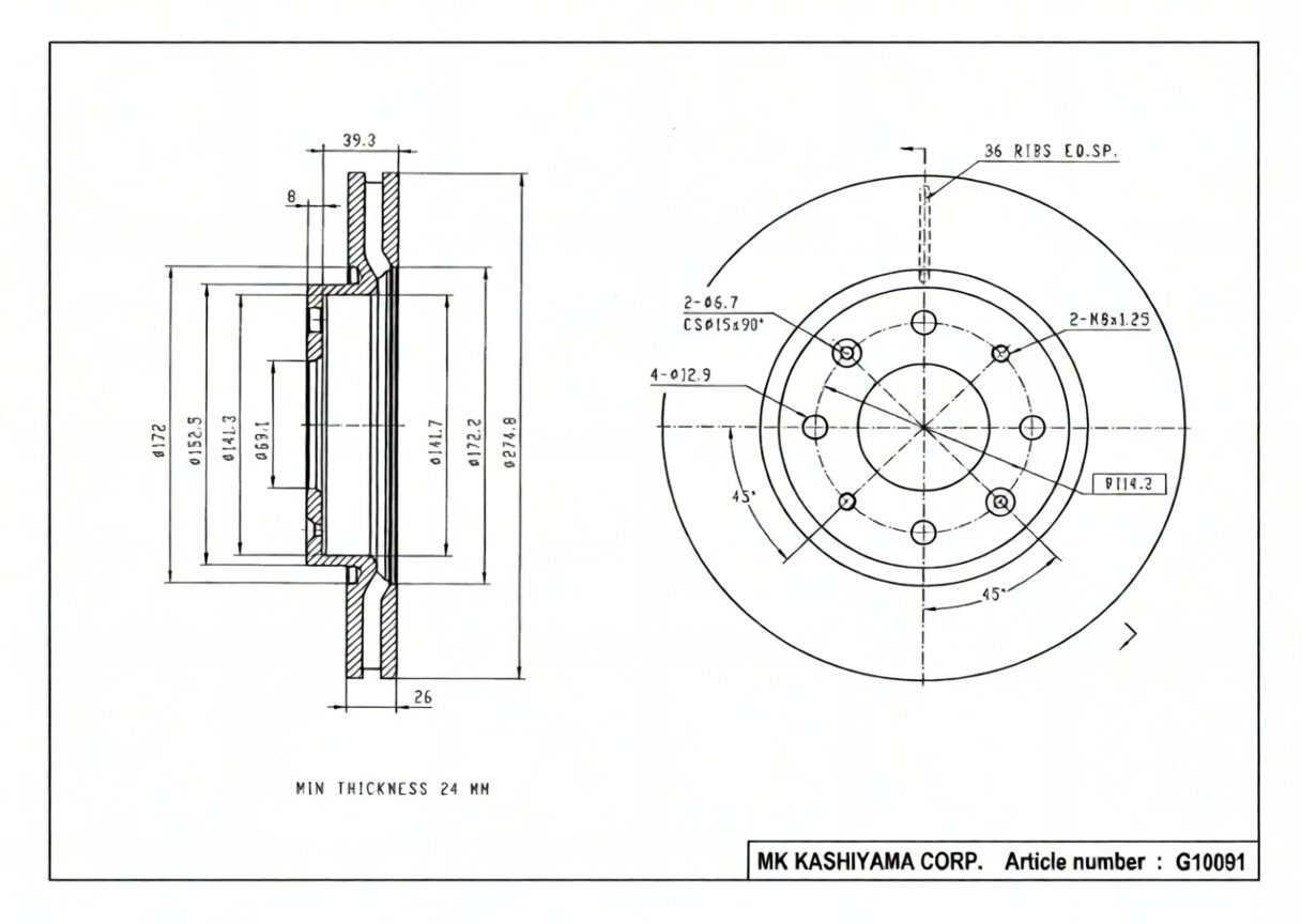 Диск тормозной KIA CERATO (LD) 1.5-2.0 04- G10091 MK KASHIYAMA арт. G10091