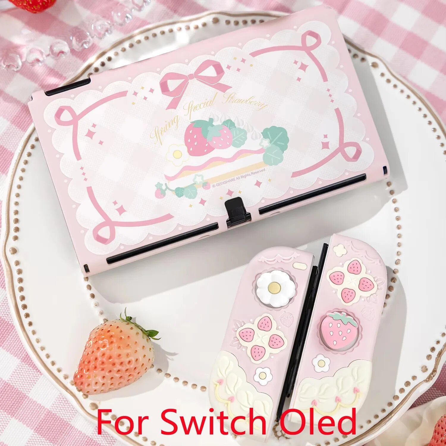 Чехол для Nintendo Switch OLED, розовый, клубничный дизайн