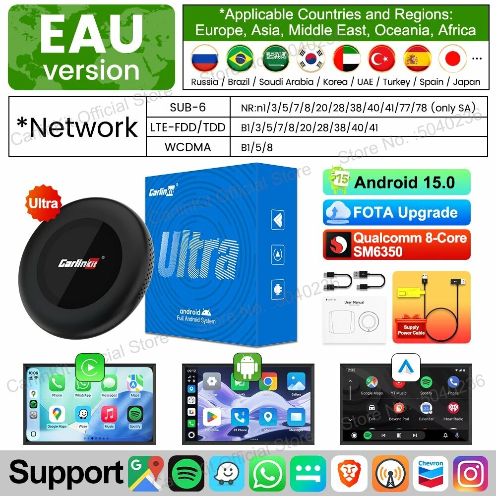 CarlinKit 5G LTE Android 15 TV Box Tbox-Ultra3 WiFi6 SM6350 8-ядерный процессор, беспроводной Android Auto, CarPlay, ЖК-экран для Netflix, IPTV, BMW