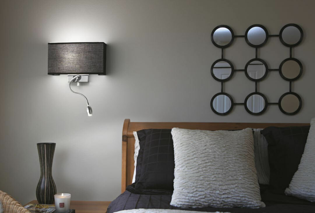 Светильник настенный бра ideal lux Hotel AP2 макс.1х60Вт/1.5Вт 55Лм 3000К IP20 Е27/LED 230В Черный/Хром Ткань/Стекло Металл Выключатель Не диммируемый 035956.